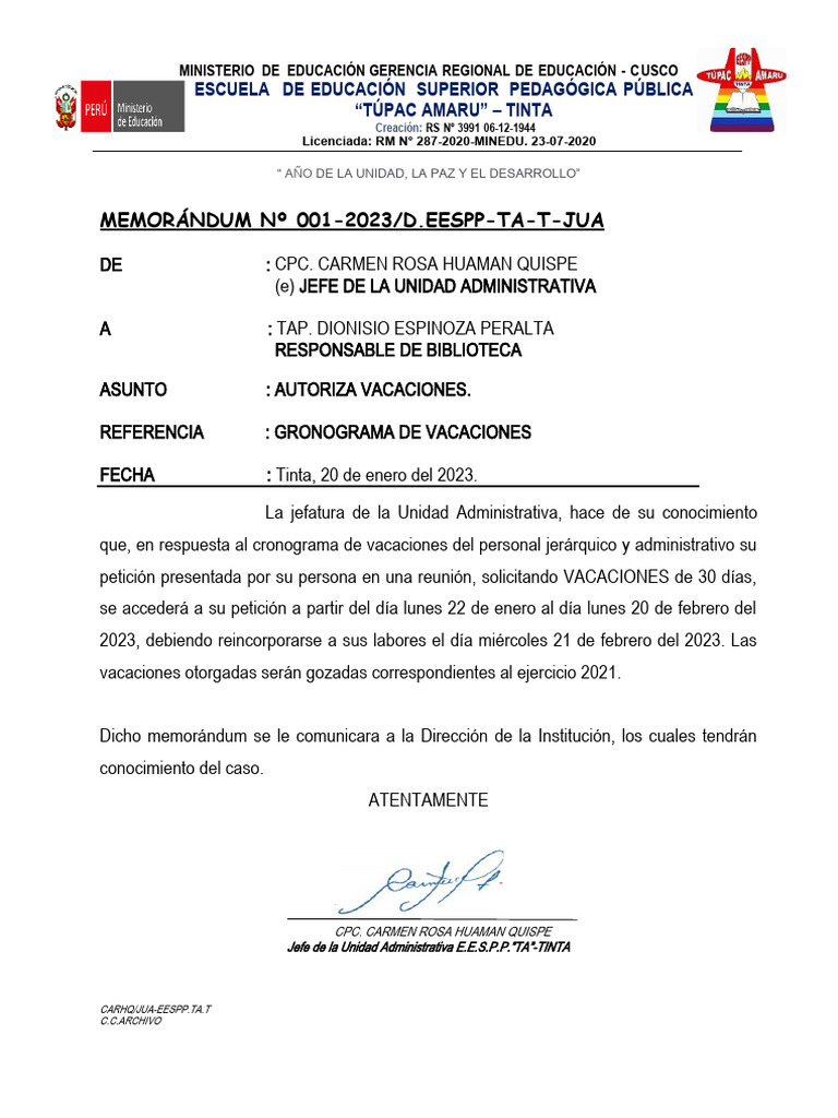Memorandum Sr. Dionisio Vacaciones | PDF