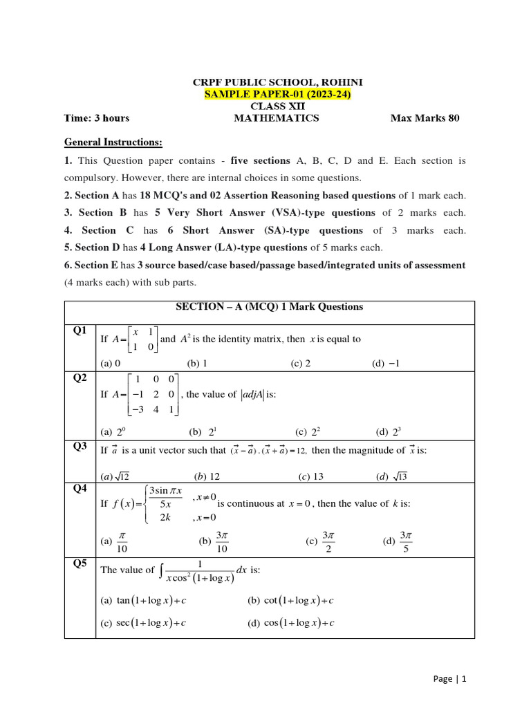 Sample Paper - 01 2023-34 (CRPF PUBLIC SCHOOL, ROHINI) | PDF | Area ...