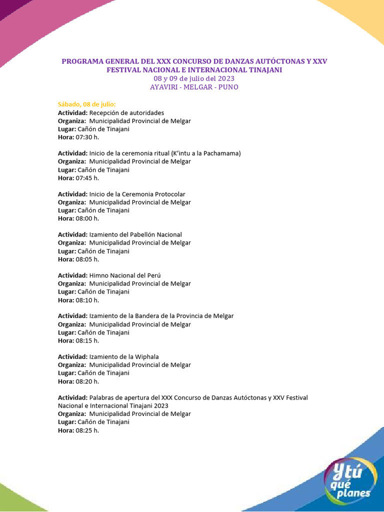 Programa General de Xxx Concurso de Danzas Autóctonas y Xxv Festival Nacional e Internacional ...