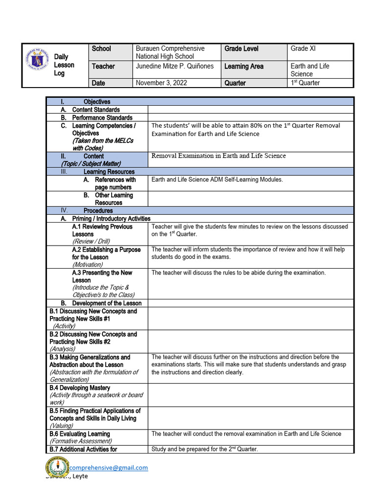 ELS EXAM Daily-Lesson-Log | PDF | Teachers | Learning