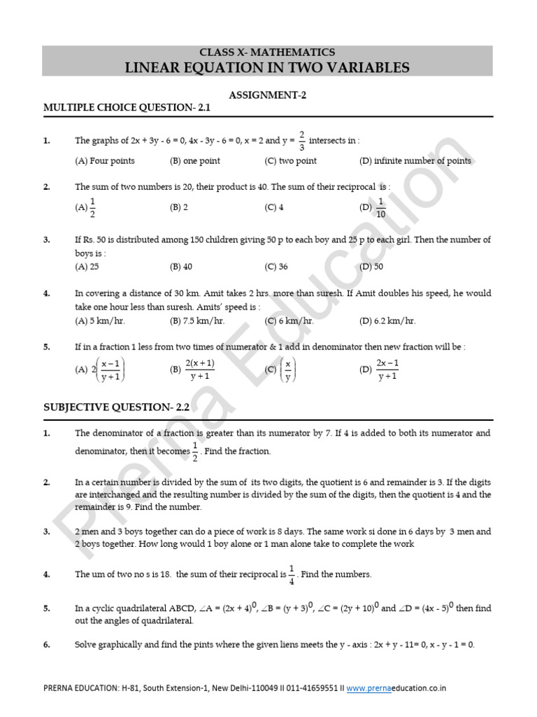 Class X Mathematics: Linear Equations MCQs | PDF | Mathematics ...
