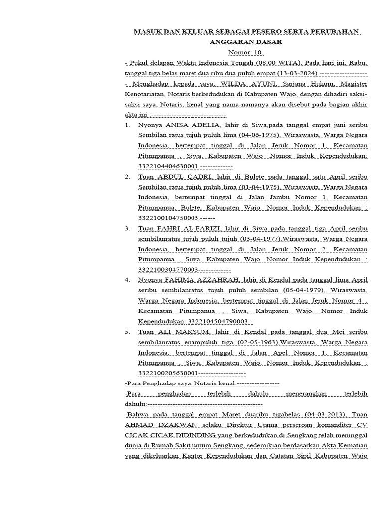 Akta Perubahan CV Masuk Dan Keluar Perseroan | PDF