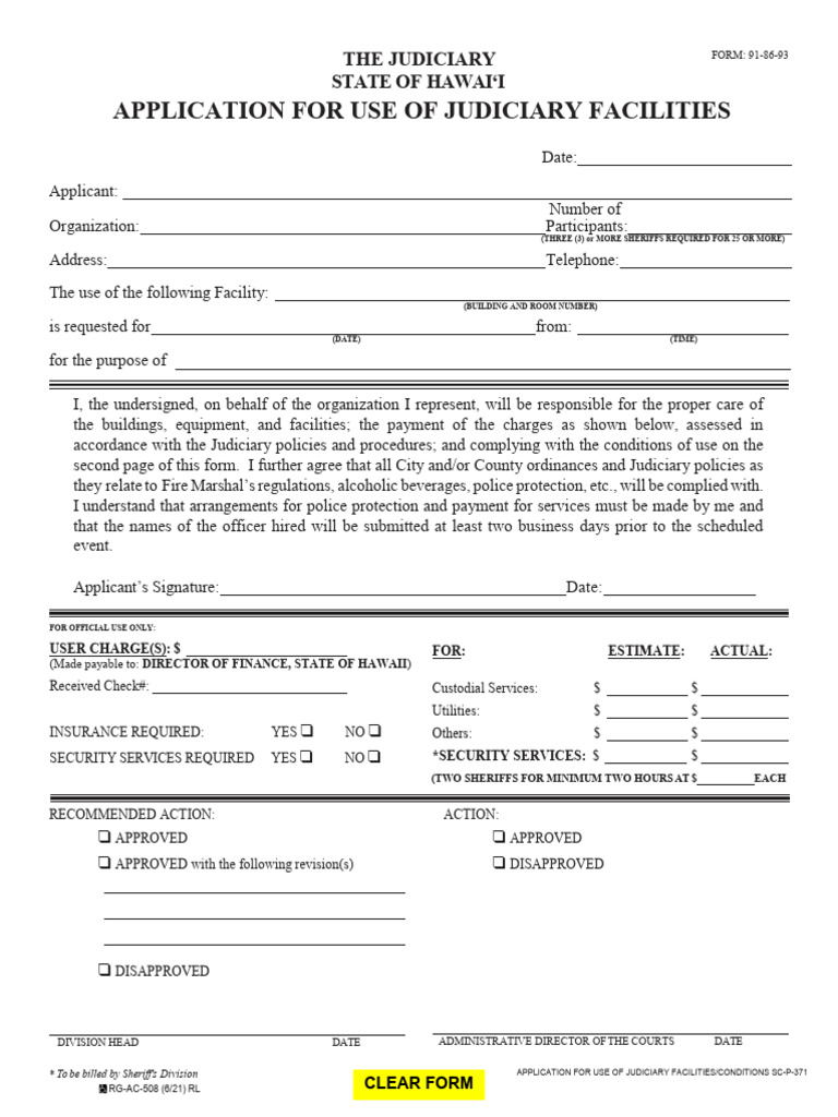 Judiciary Facility Use Application Form | PDF | Indemnity | Liability ...