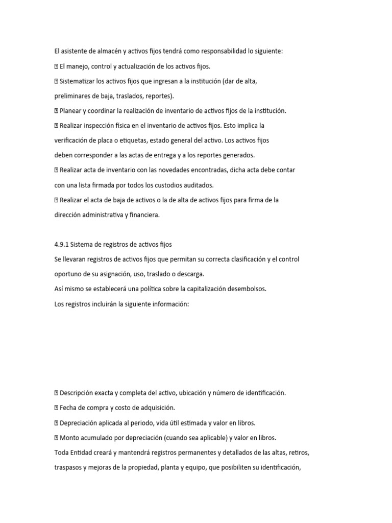 El asistente de almacén y activos fijos tendrá como responsabilidad lo ...