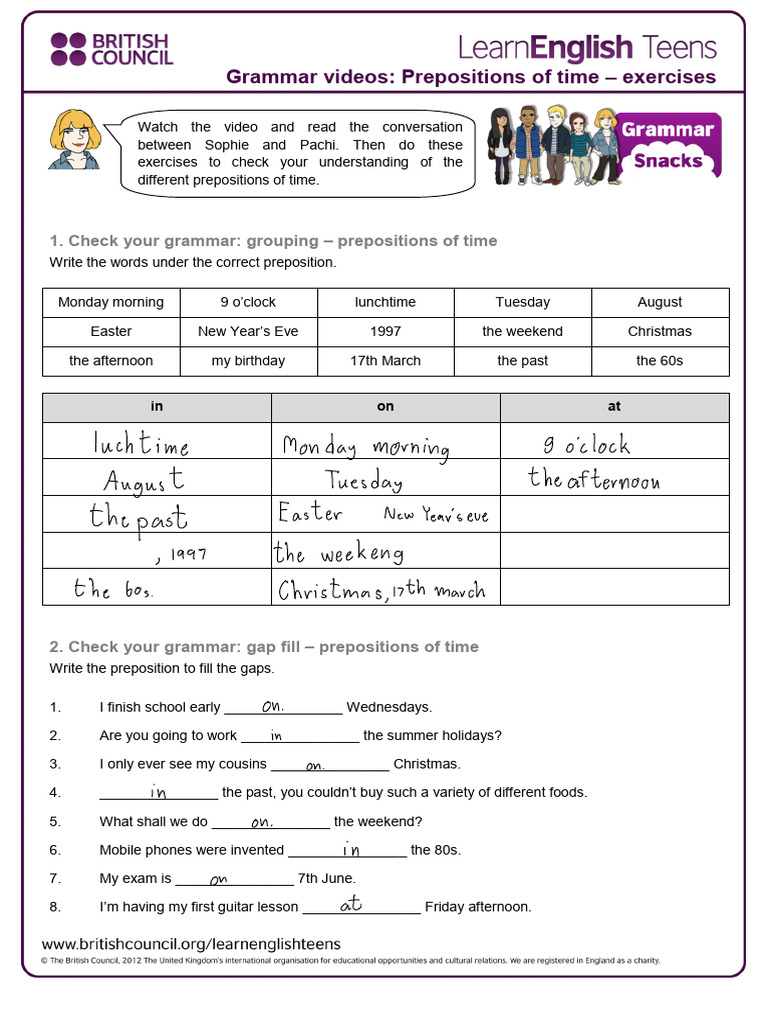 Prepositions of Time Exercises PDF | PDF | Language Arts & Discipline