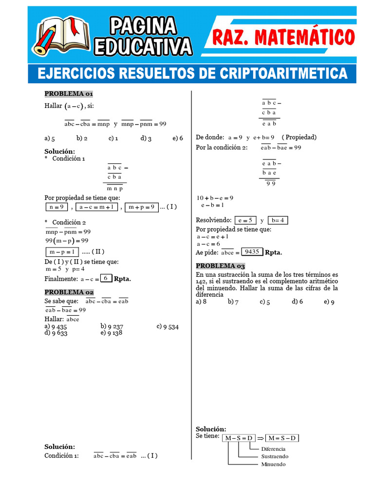 Criptoaritmética Resuelto | PDF | Sustracción | Aritmética