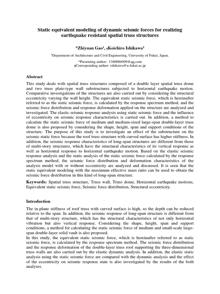 Static Seismic Modeling for Truss Structures | PDF | Truss | Force