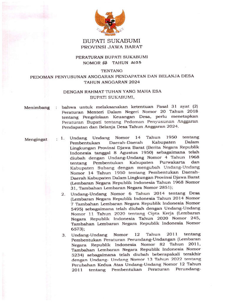 Perbup 88 Tahun 2023 TTG Pedoman Penyusunan APBDesa 2024 | PDF