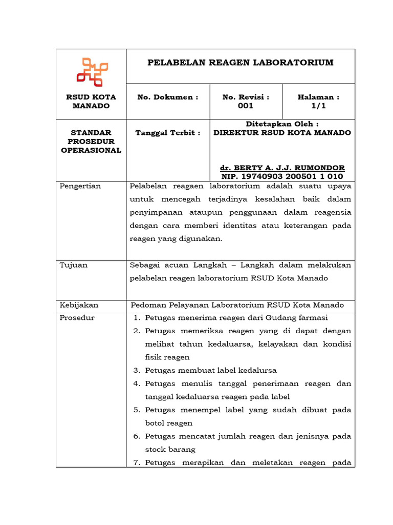 Sop Pelabelan Reagen | PDF