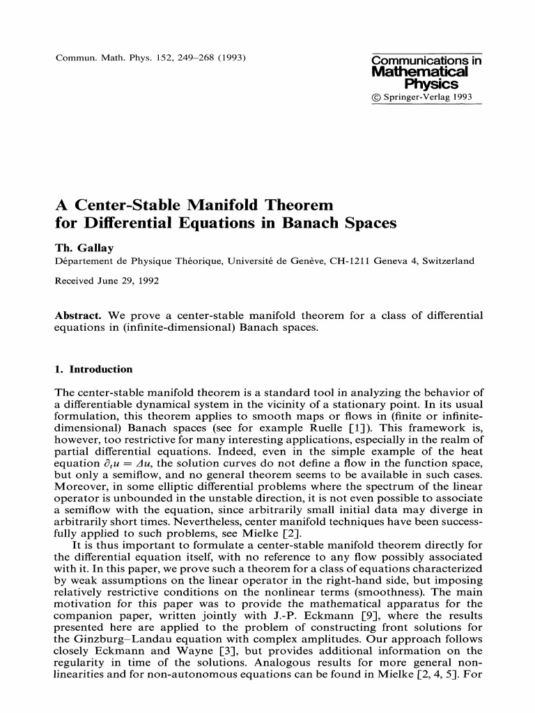 A Center-Stable Manifold Theorem For Differential Equations in Banach Spaces | PDF | Equations ...