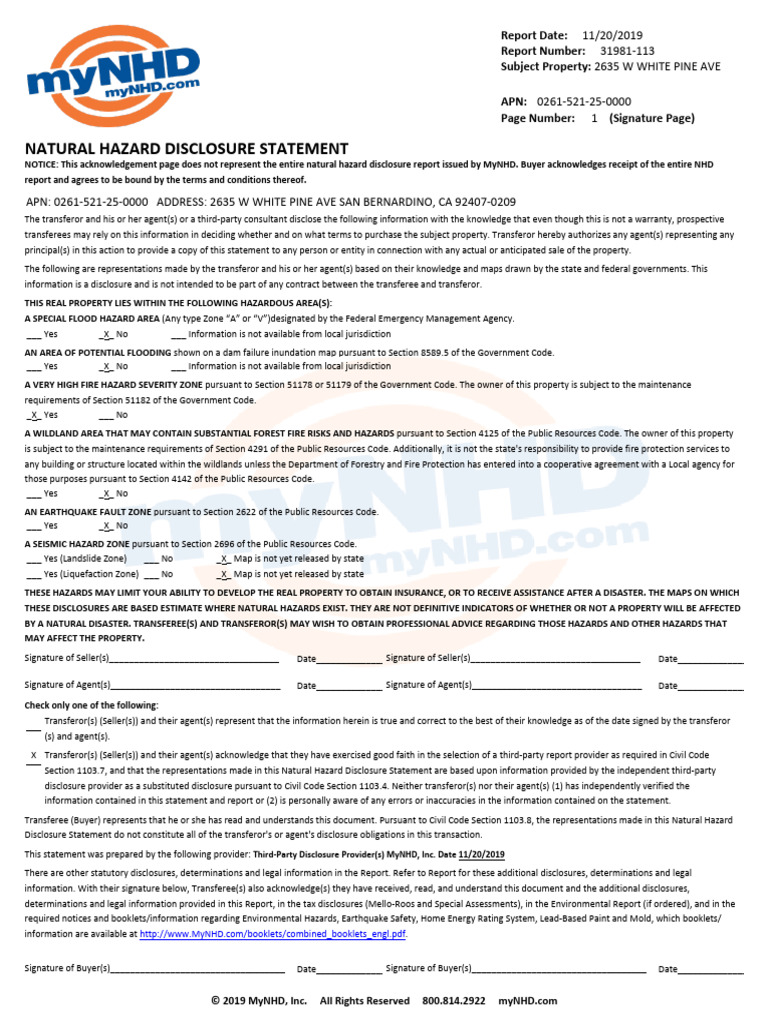 Natural Hazard Disclosure for 2635 W White Pine Ave | PDF | Hazards ...