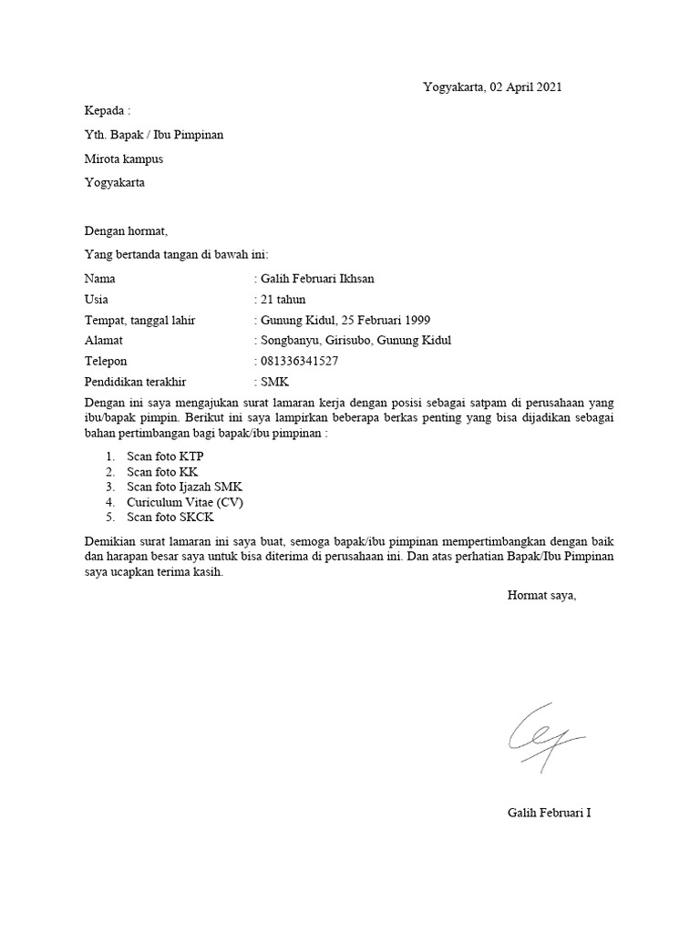 Contoh Surat Lamaran Kerja Security | PDF