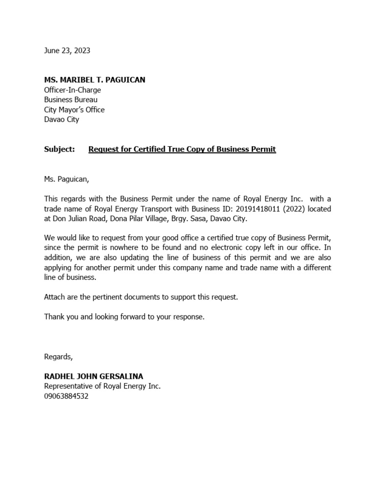 Request for Certified True Copy of Business Permit | PDF