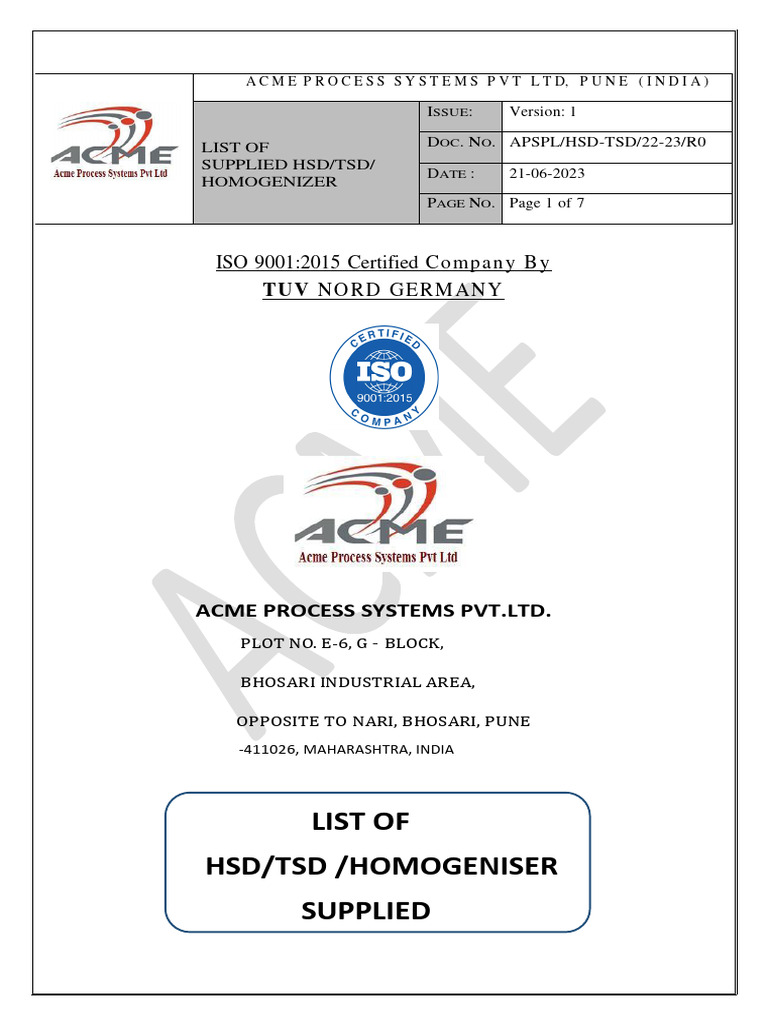 TSD, HSD & Homogeniser Supplied | PDF | Companies | Economy Of India