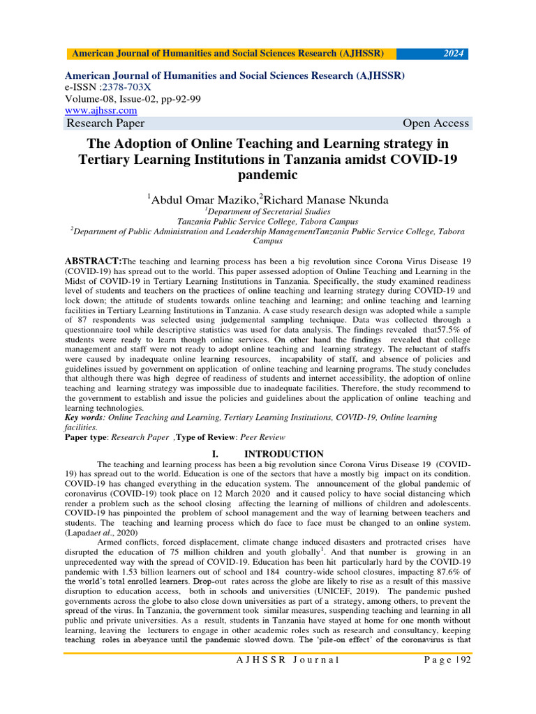 The Adoption of Online Teaching and Learning Strategy in Tertiary Learning Institutions in ...