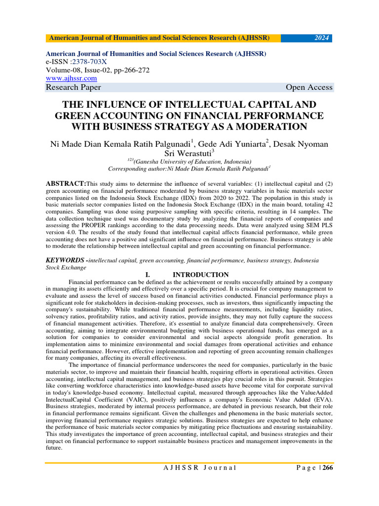The Influence of Intellectual Capital and Green Accounting On Financial Performance With ...