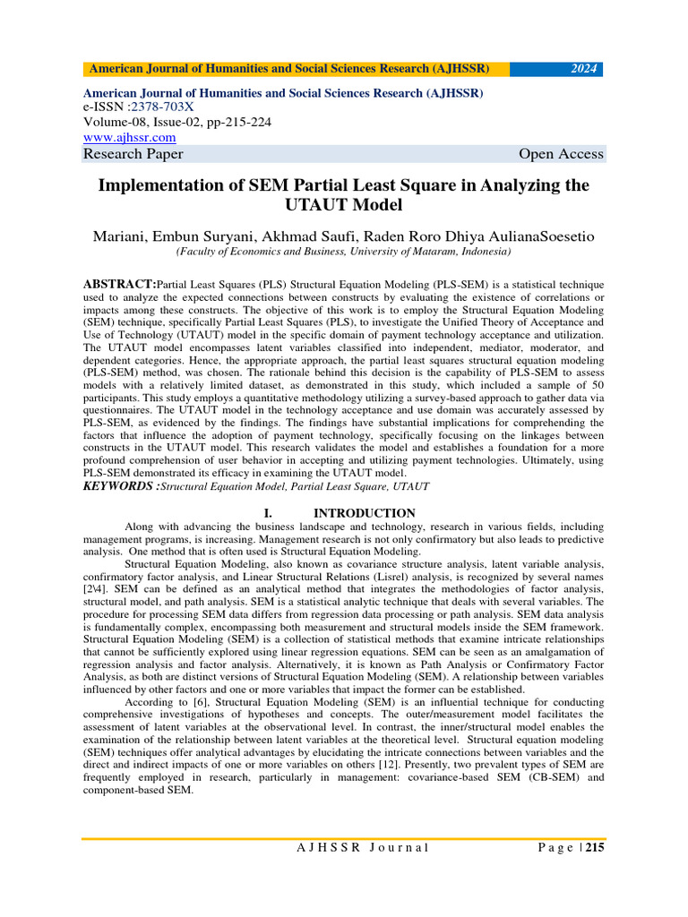Implementation of SEM Partial Least Square in Analyzing The UTAUT Model | PDF | Structural ...