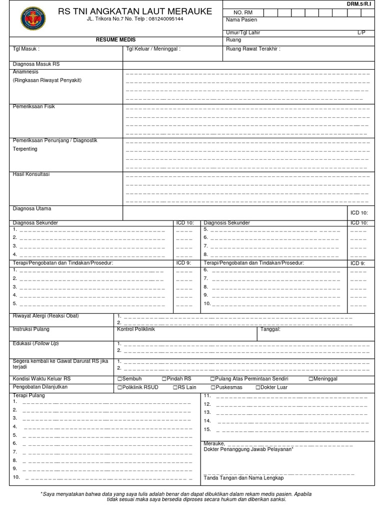 FORM RESUME MEDIS Rawat Inap 2024 | PDF