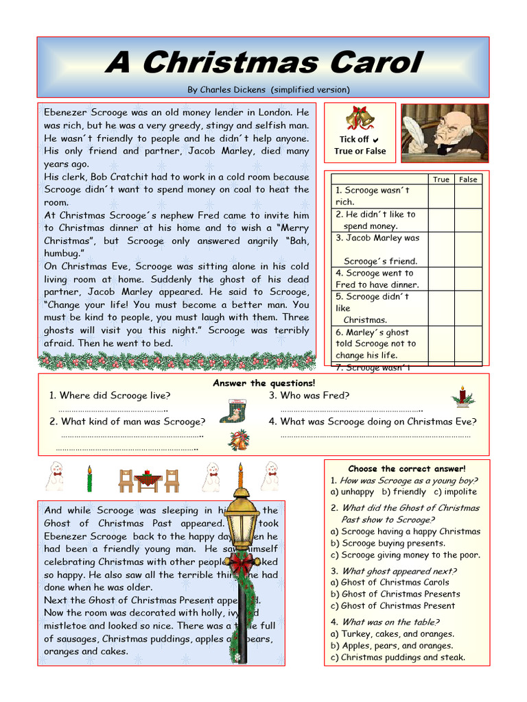 A Christmas Carol Simplified Version Key Included Reading Comprehension ...