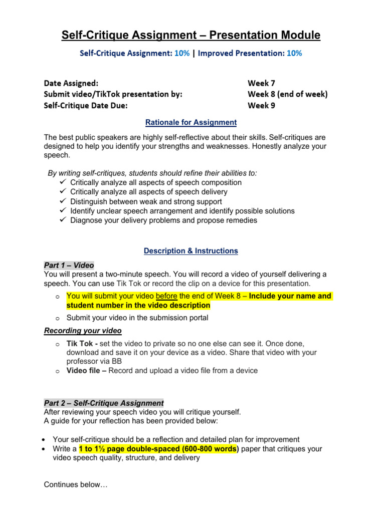 Self-Critique Assignment and Rubric F2023 | PDF | Speech | Nonverbal ...