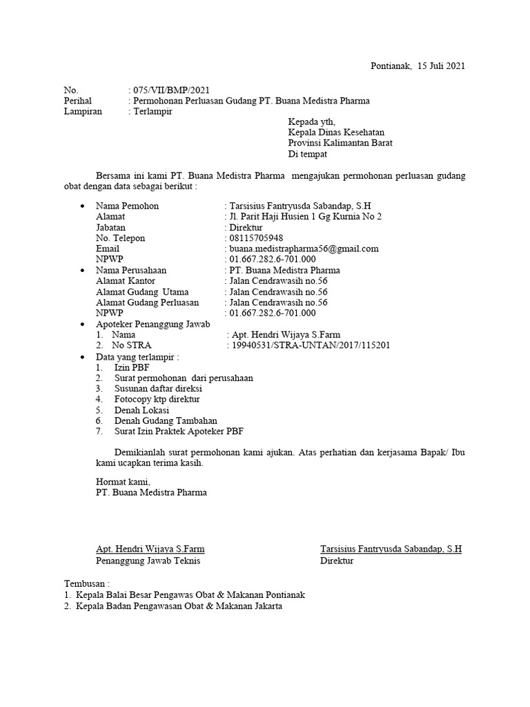 Surat Permohonan Perluasan Gudang Obat BMP | PDF Surat Permohonan Perluasan Gudang Obat BMP | PDF