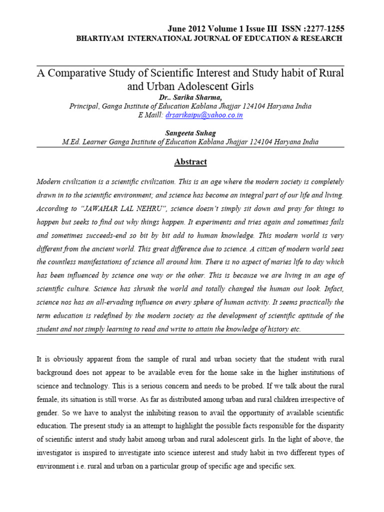 Scientific Interest in Rural vs Urban Girls | PDF | Adolescence | Science