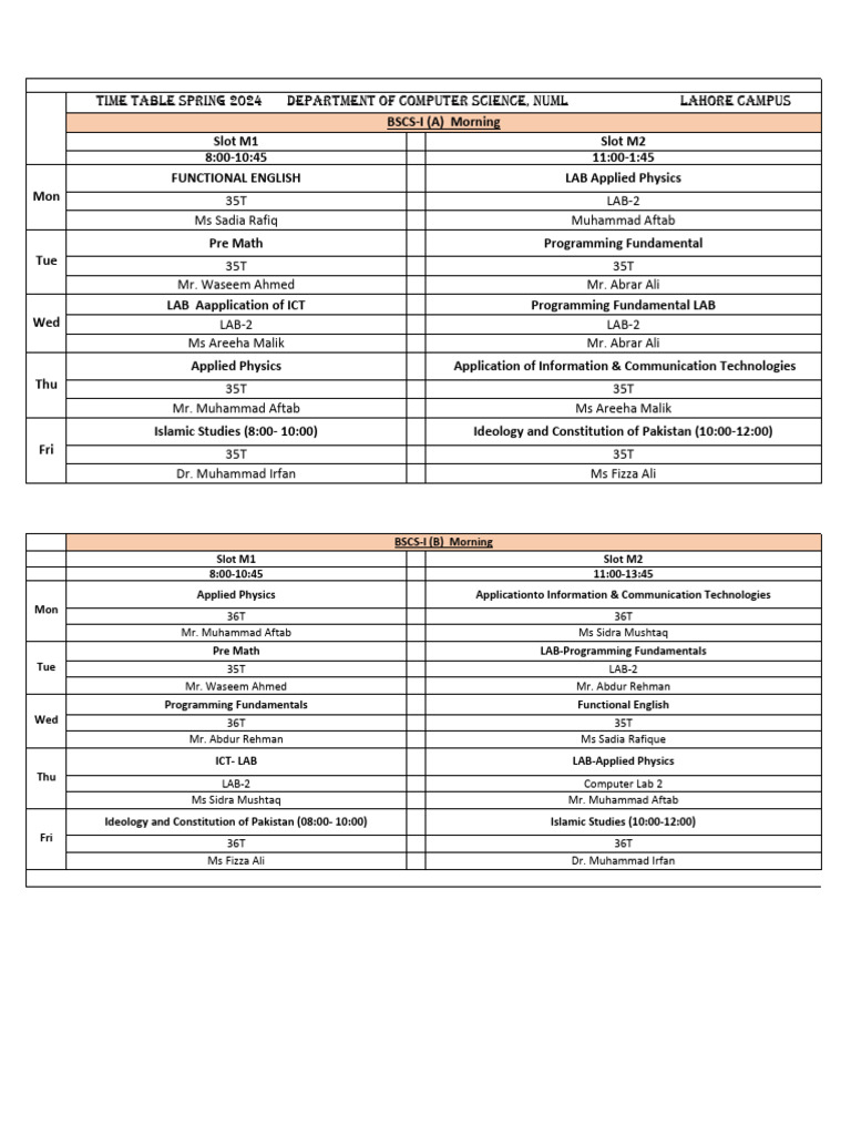 BSCS - Spring - TimeTable 18-Feb-24 | PDF | Mathematics | Computing