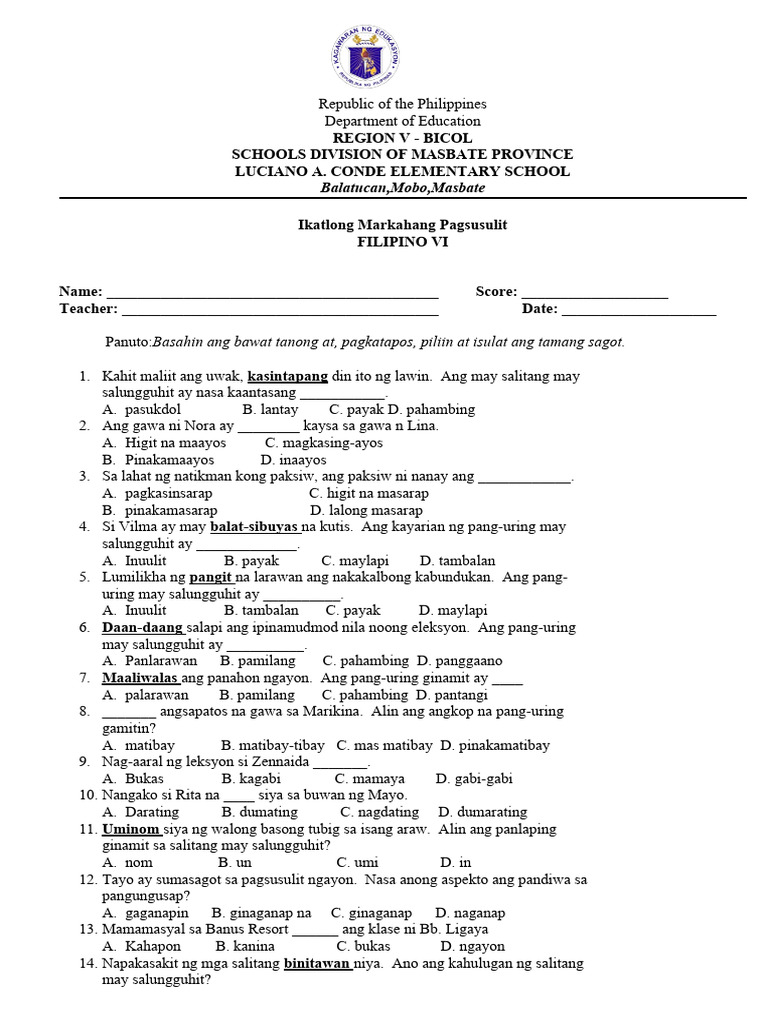 PT - Filipino 6 - Q3 | PDF