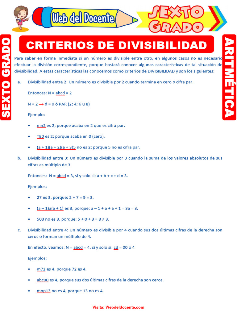 Hoja De Trabajo De Reglas De Divisibilidad, Sexto Grado