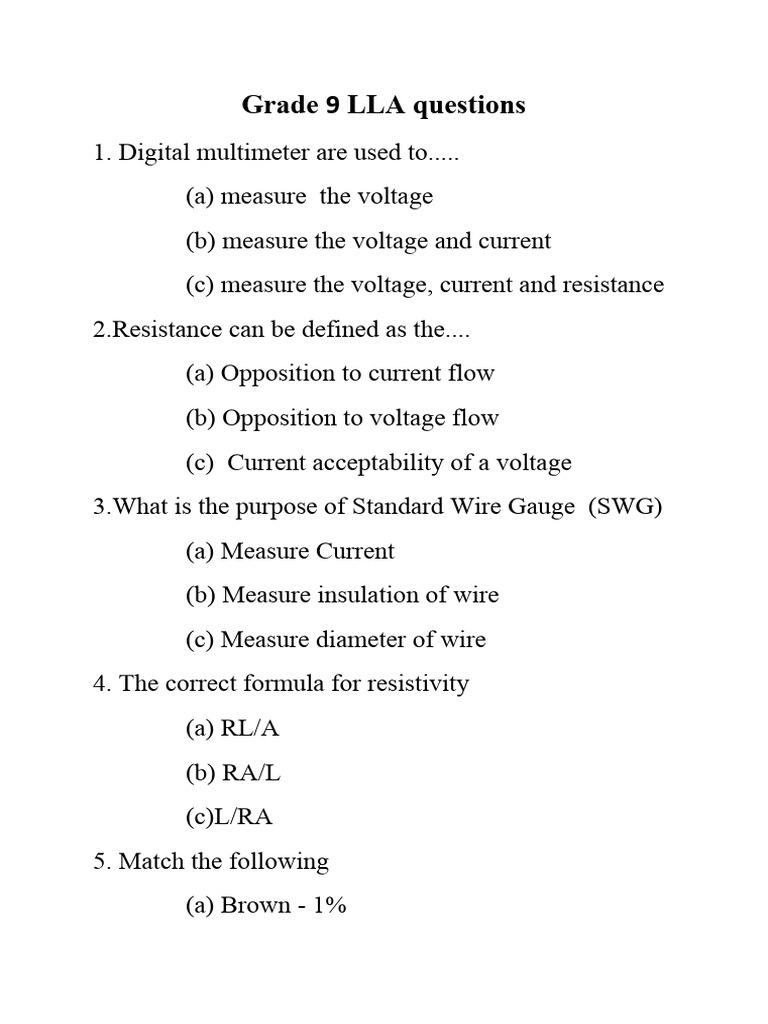 Grade 9 LLA Questions | PDF | Resistor | Electrical Resistance And Conductance
