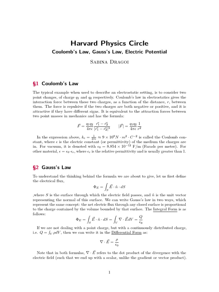 Physics Circle Coulomb S Law Gauss S Law Potential | PDF | Electric Field | Electrostatics