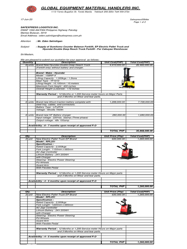 Updated Equipment Quotation | PDF | Forklift | Battery Charger
