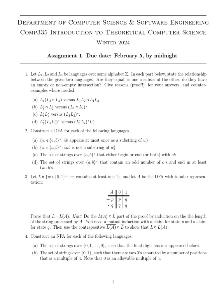 Assgn 1 | PDF | Theoretical Computer Science | Theory Of Computation