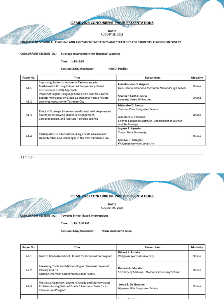 ICEME 2023 Concurrent Paper Presentations - Schedule and Abstract | PDF | Learning | Behavior ...