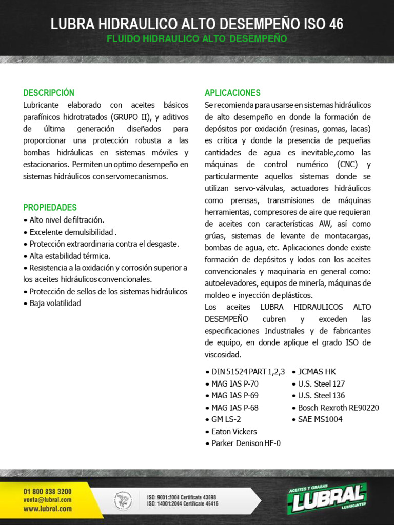 22.-LUBRA HIDRAULICO ALTO DESEMPE Aeo ISO 46 | PDF | Lubricante ...