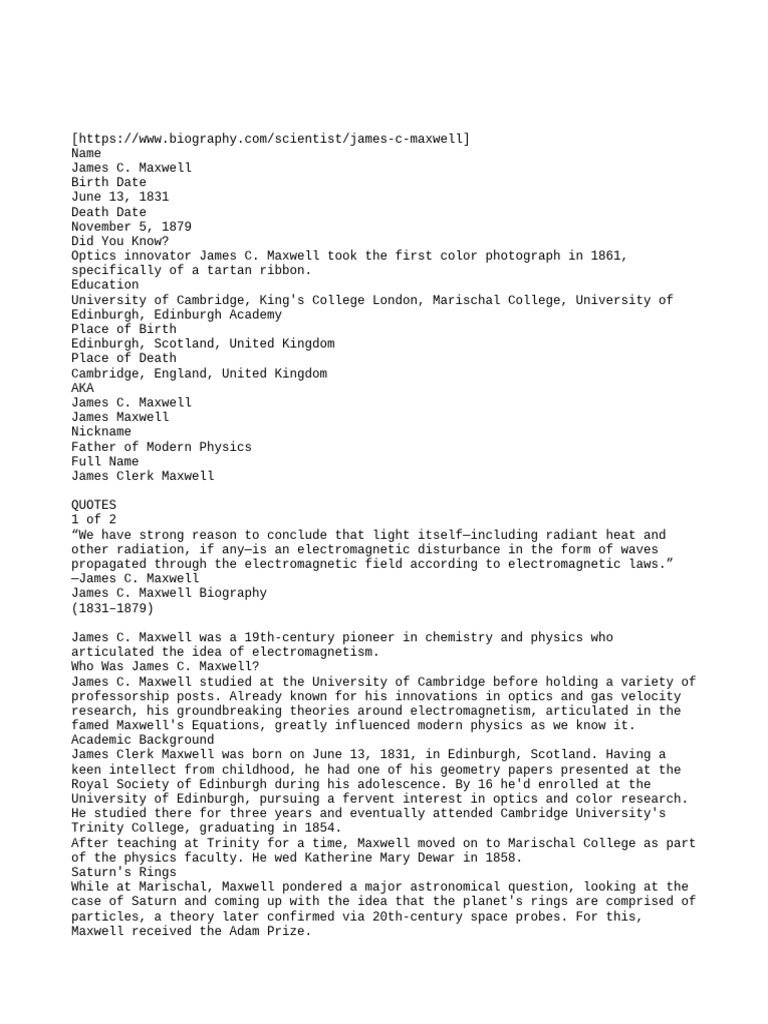 James C. Maxwell Biography | PDF | James Clerk Maxwell | Electromagnetism