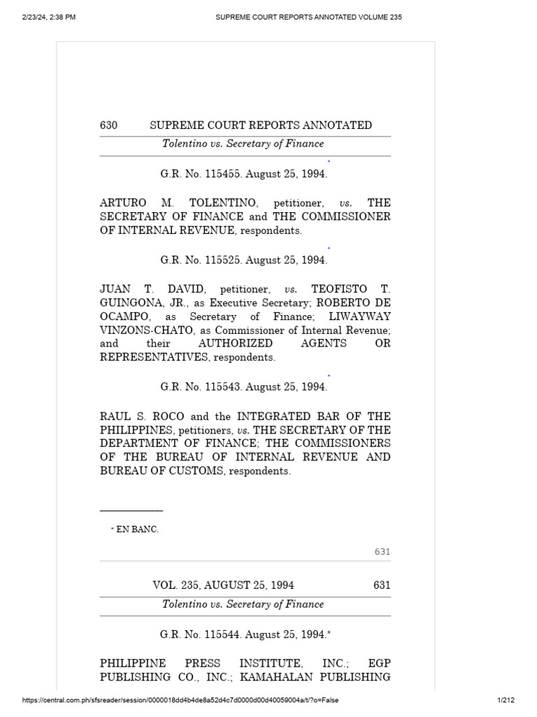 Tolentino V Secretary of Finance | PDF | Bill (Law) | United States Senate