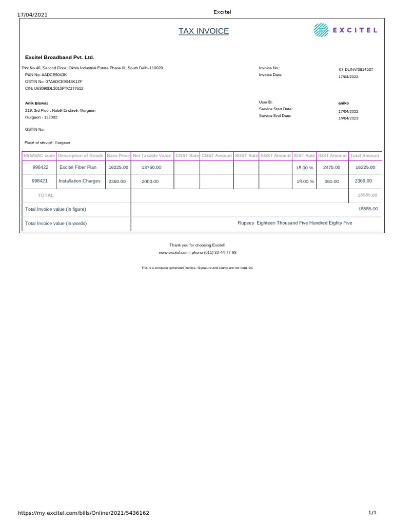 Excitel Bill | PDF | Economies | Public Finance