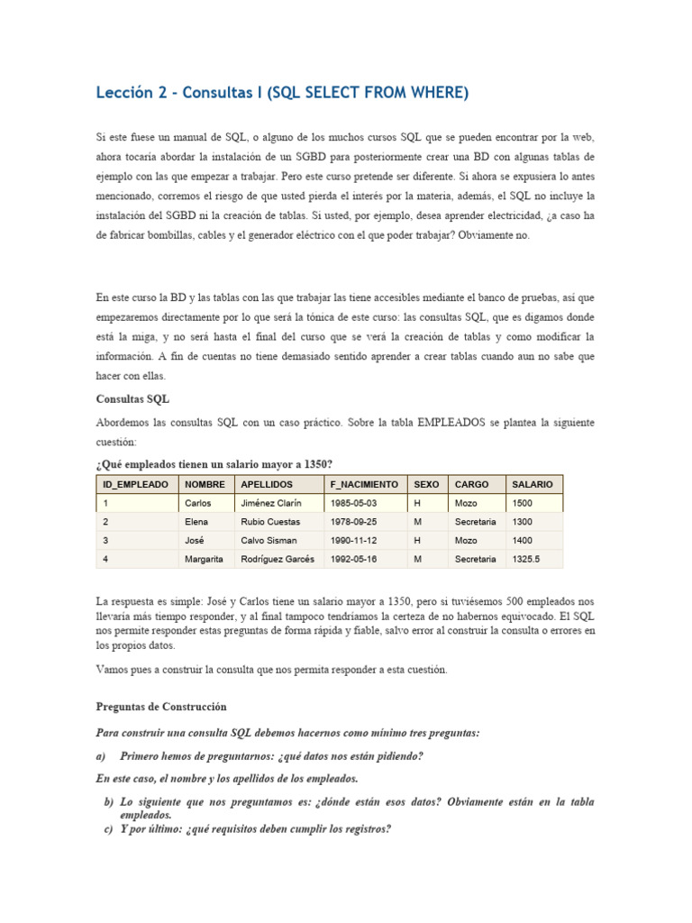 Consultas SQL: Selección de Empleados | PDF | SQL | Bases de datos