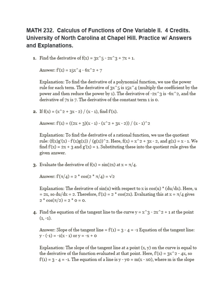MATH 232. Calculus of Functions of One Variable II. 4 Credits ...