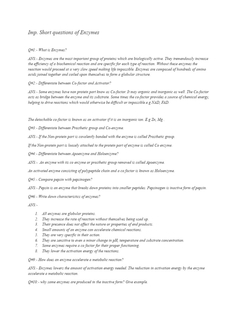 Imp. Short Questions of Enzymes | PDF | Enzyme | Active Site