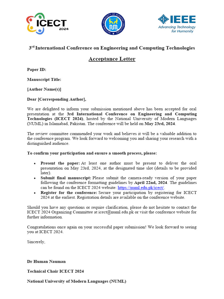 Acceptance Letter ICECT 2024 | PDF