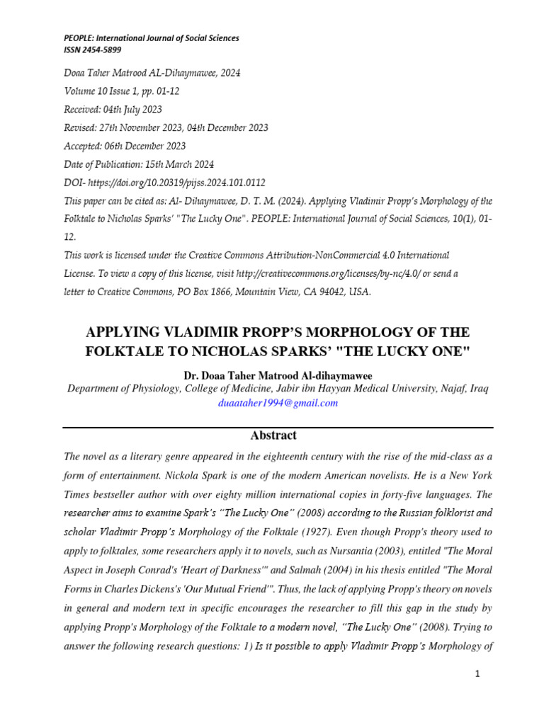 APPLYING VLADIMIR PROPP’S MORPHOLOGY OF THE FOLKTALE TO NICHOLAS SPARKS ...