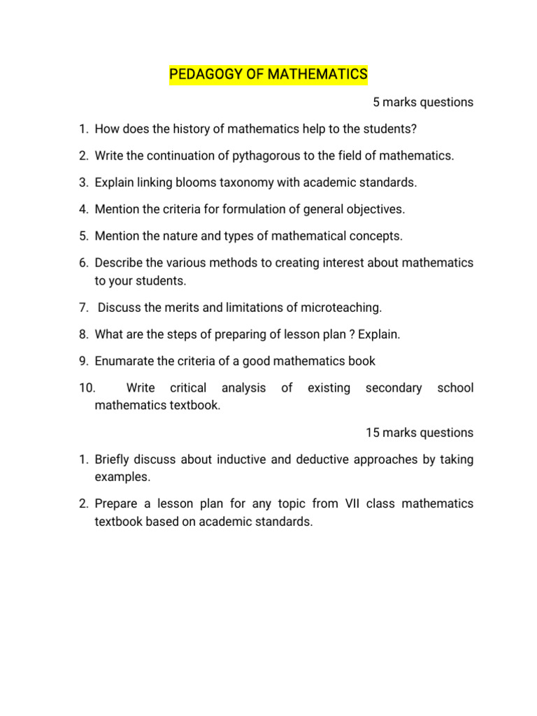 Pedagogy of Mathematics: Key Questions & Insights | PDF