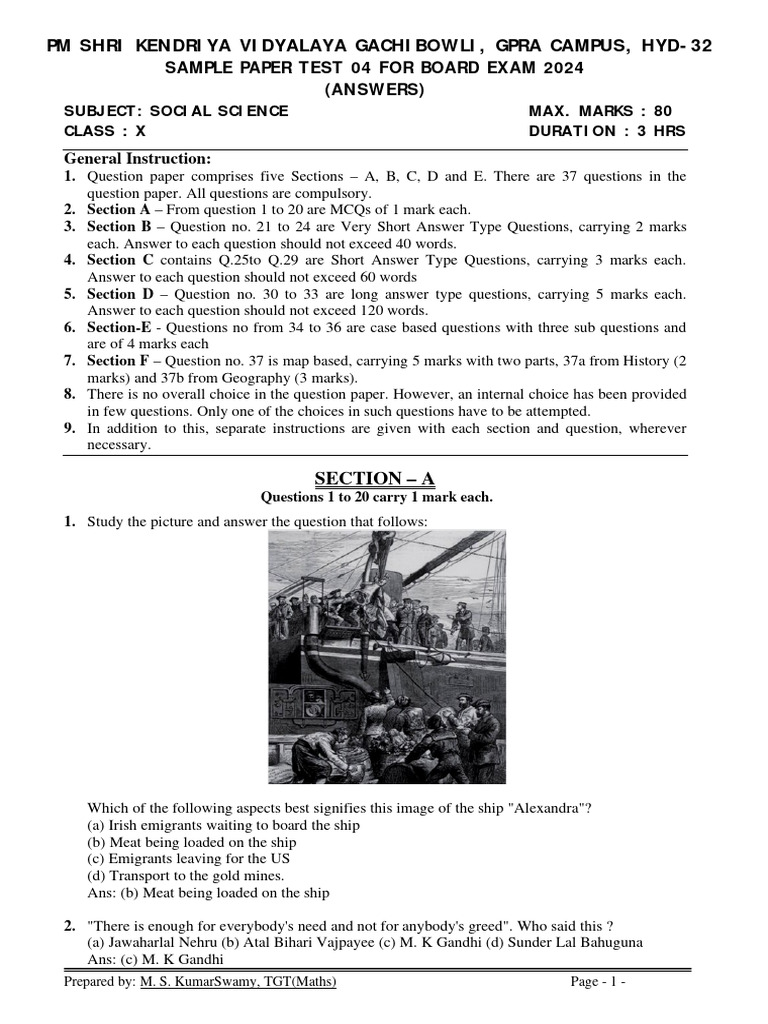 Social Science Class x Sample Paper Test 04 for Board Exam 2024 Answers ...