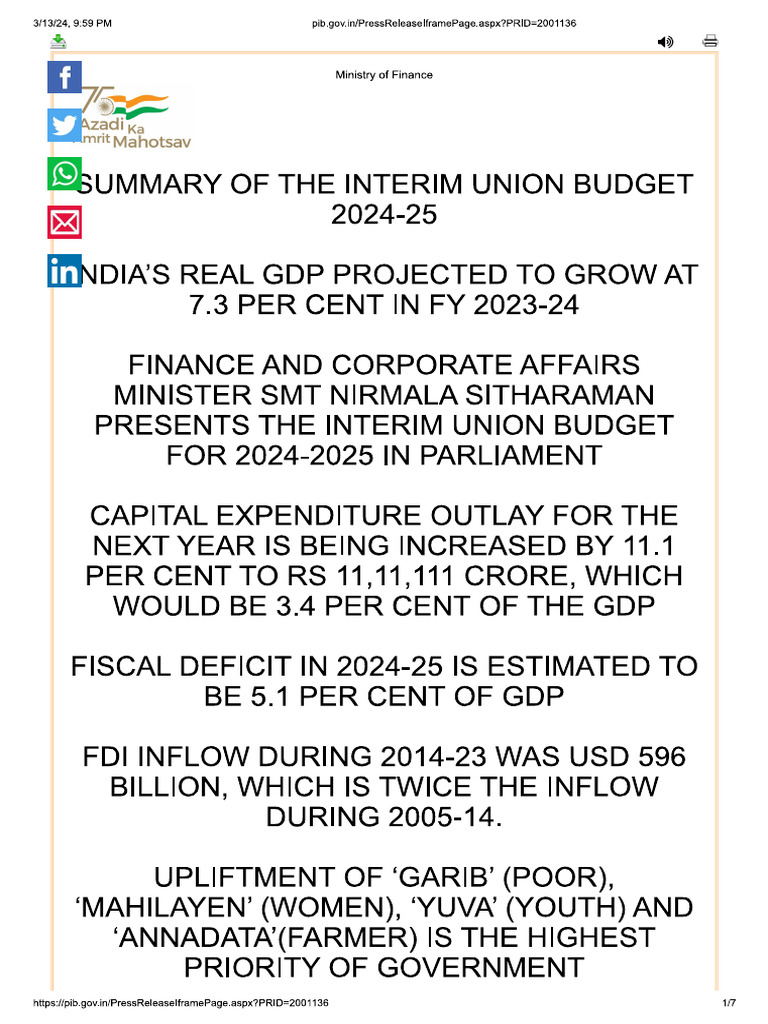 PIB Summary Interim Budget | PDF