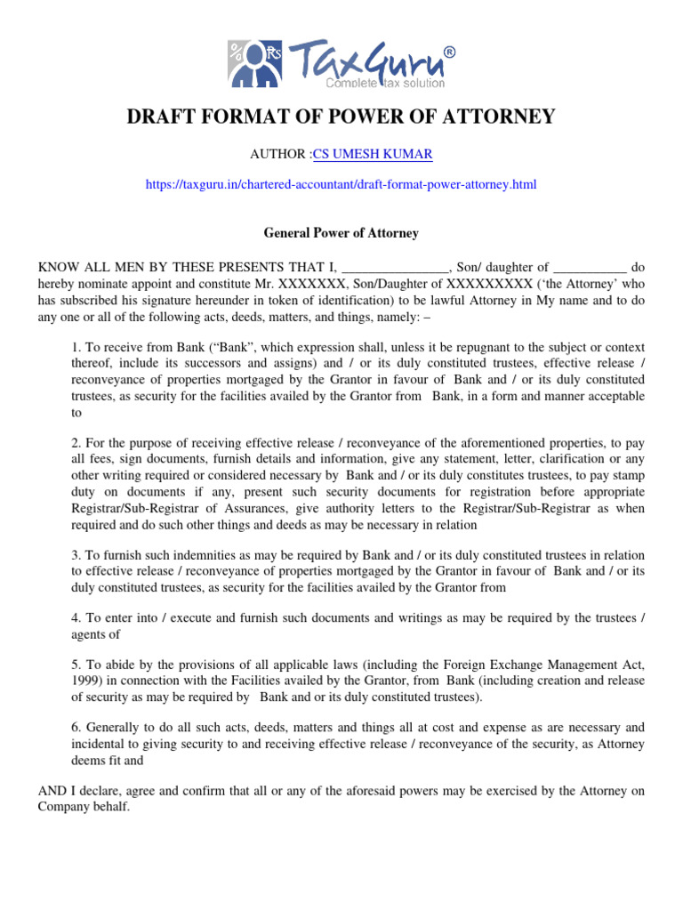 Power of Attorney Draft Format | PDF | Power Of Attorney | Civil Law ...