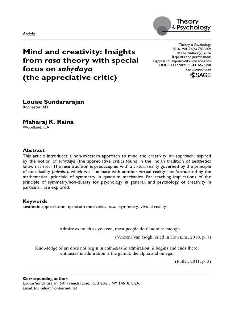 Mind and Creativity: Insights From Rasa Theory With Special Focus On ...