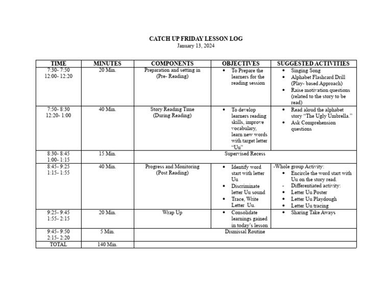 Catch Up Friday Lesson Plan: Uu Focus | PDF | Pedagogy | Reading (Process)