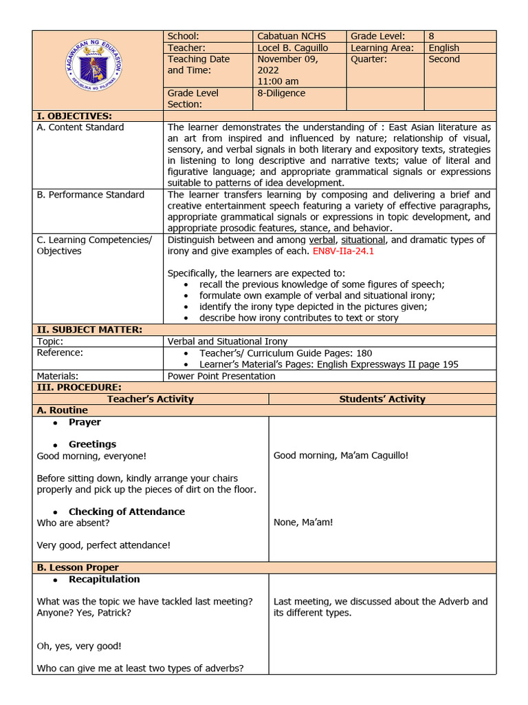 LESSON PLAN | PDF | Irony | Learning